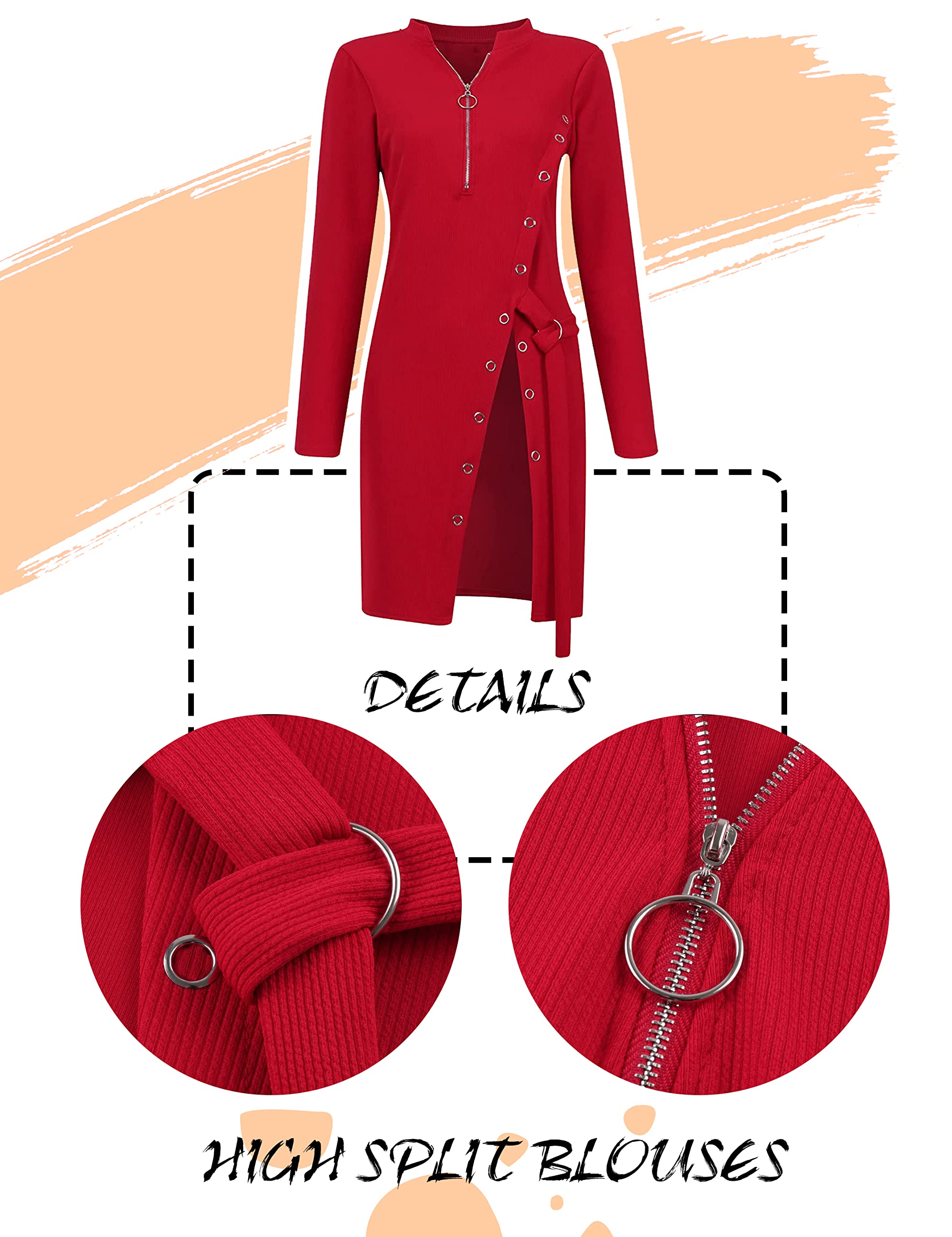Omoone Women's Sexy Vneck Tshirts Tops Half Zip Long Sleeve Sweater Dress High Split Shirt Blouses Knitted Pullover Top (2868-Red-XL)
