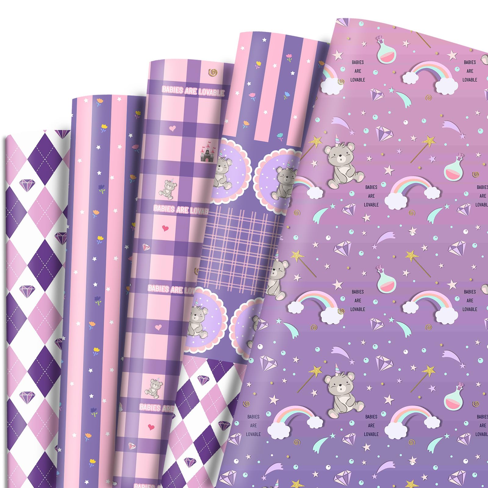 Dtiafu Baby Wrapping Paper - 10 Sheets Purple Pink Gift Wrap Paper for Baby Girl Neutral Birthday Baby Shower - Bear/Diamond, Rainbow/Floral Print - 20 x 28inch Per Sheet (Kraft)