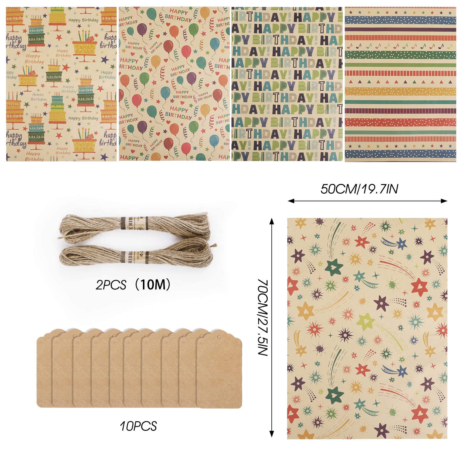 Prasacco Wrapping Paper Birthday Wrapping Paper Sheets-Recyclable Birthday Gift Wrap Set with Tag String-Eco Gift Wrapping Paper