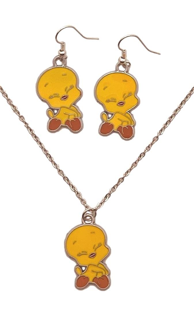 Tweety Cartoon Bird Cute Character Charm Pendant Necklace And Earrings Set