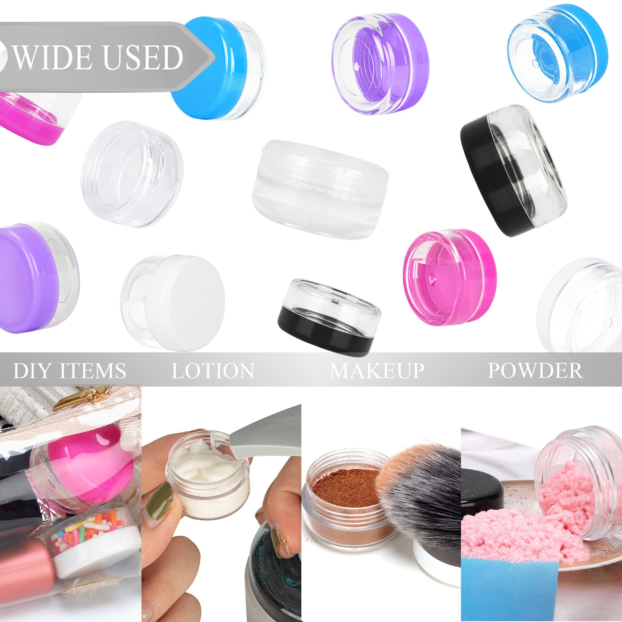 100PCS 5 Gram Sample Containers, 5ml Empty Jars with Lids, Small Cosmetic Containers, Mini Sample Jars with 8PCS Mini Spatulas for Make Up, Oils, Lotion, Powder, Paint, Jewelry, Lip Balms(Black Lid)