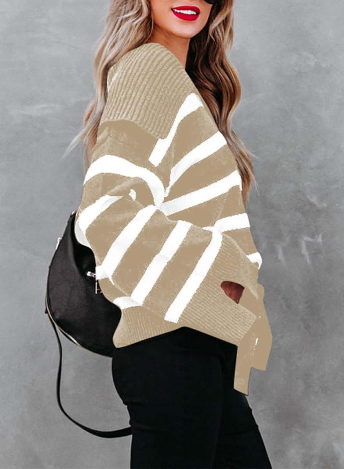 SHEWIN Fall Sweaters for Women Fashion V Neck Long Sleeve Winter Striped Sweater Casual Comfy Lapel Collar Knitted Tops Khaki X-Large