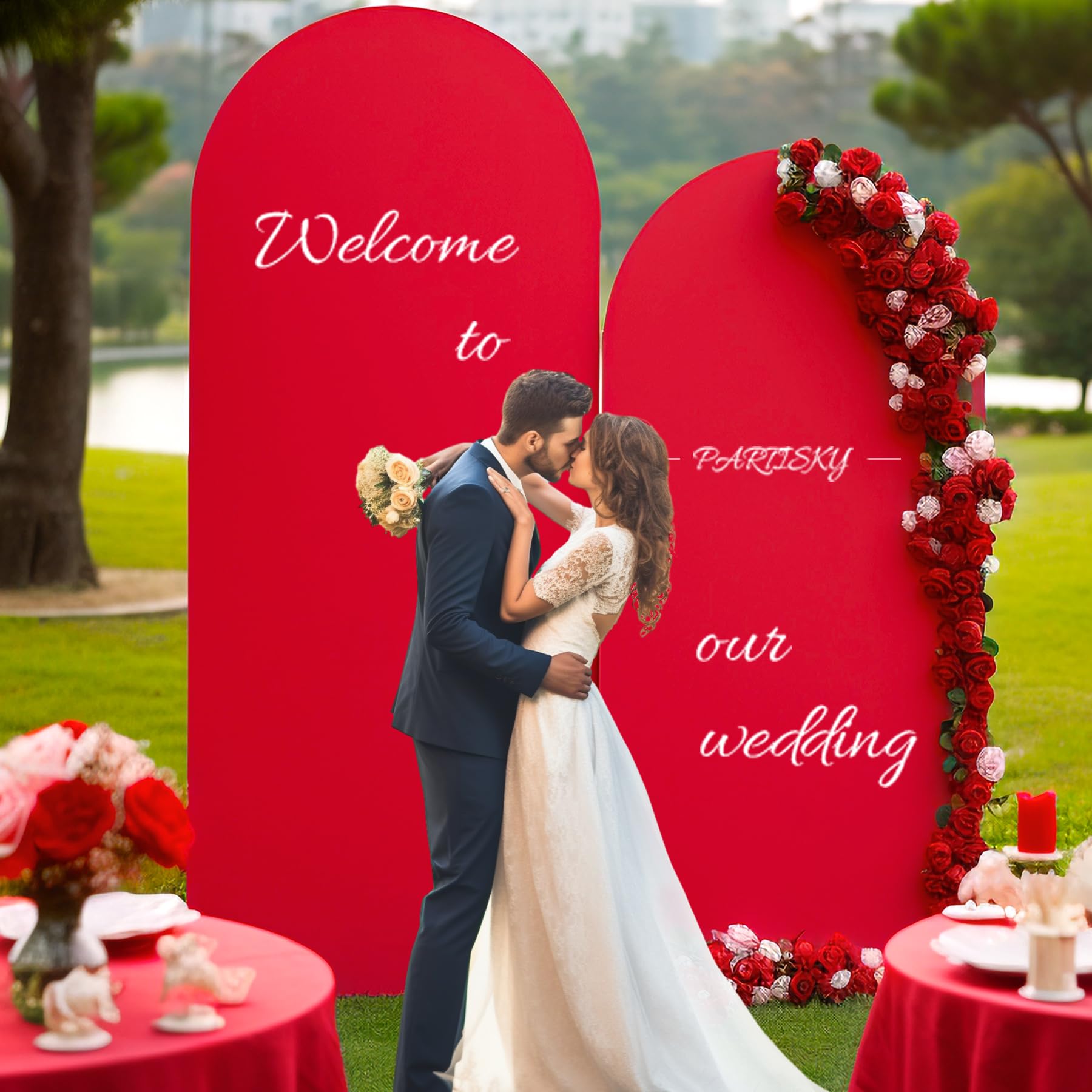 7.2FT Red Arch Backdrop Cover, Spandex Fitted Wedding Arch Stand Covers 2-Sided Round Top Chiara Arch Backdrop Cover for Wedding Ceremony Birthday Party Baby Shower Banquet Decoration