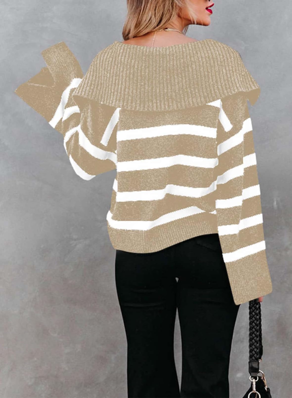 SHEWIN Fall Sweaters for Women Fashion V Neck Long Sleeve Winter Striped Sweater Casual Comfy Lapel Collar Knitted Tops Khaki X-Large