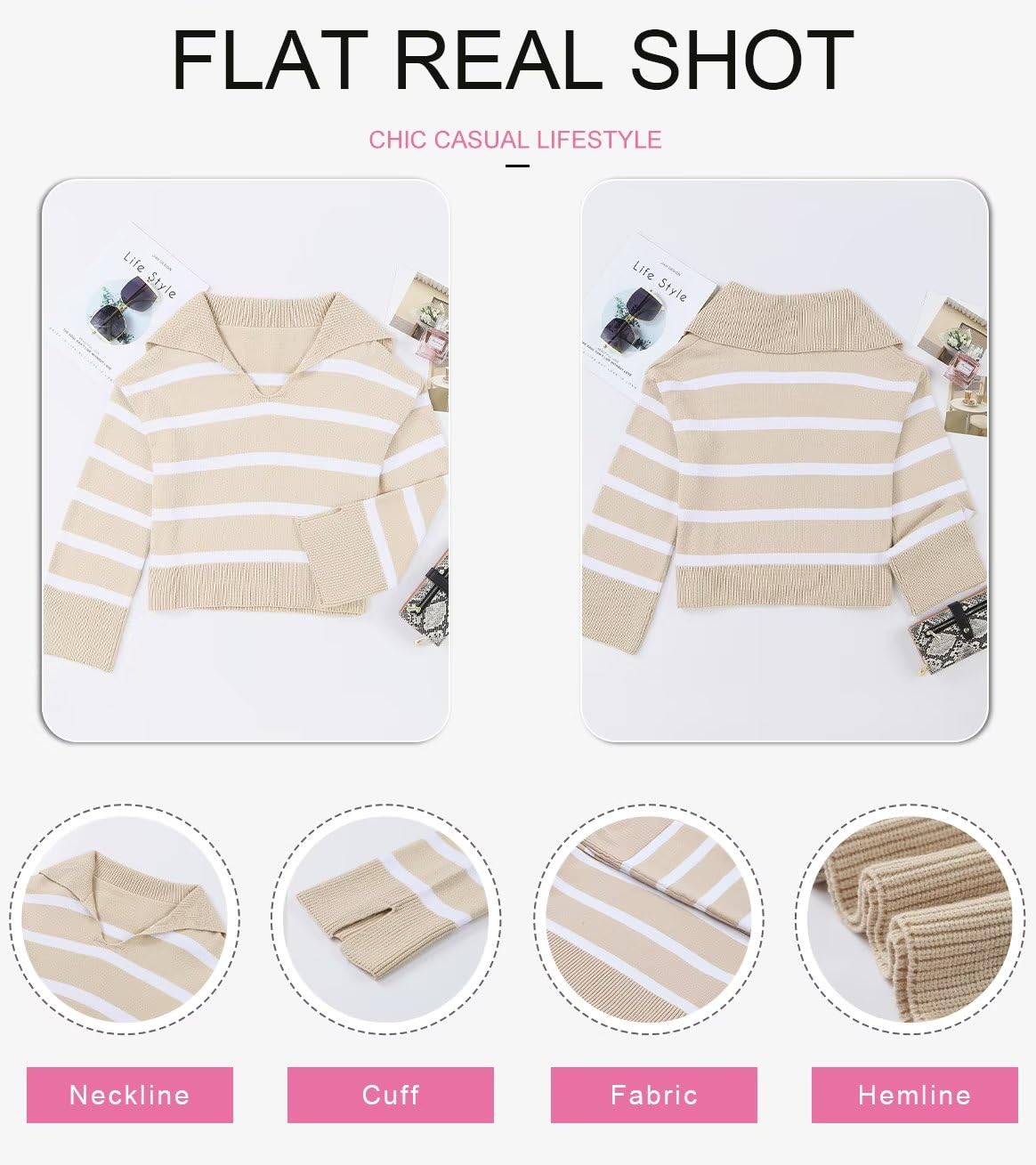 SHEWIN Fall Sweaters for Women Fashion V Neck Long Sleeve Winter Striped Sweater Casual Comfy Lapel Collar Knitted Tops Khaki X-Large
