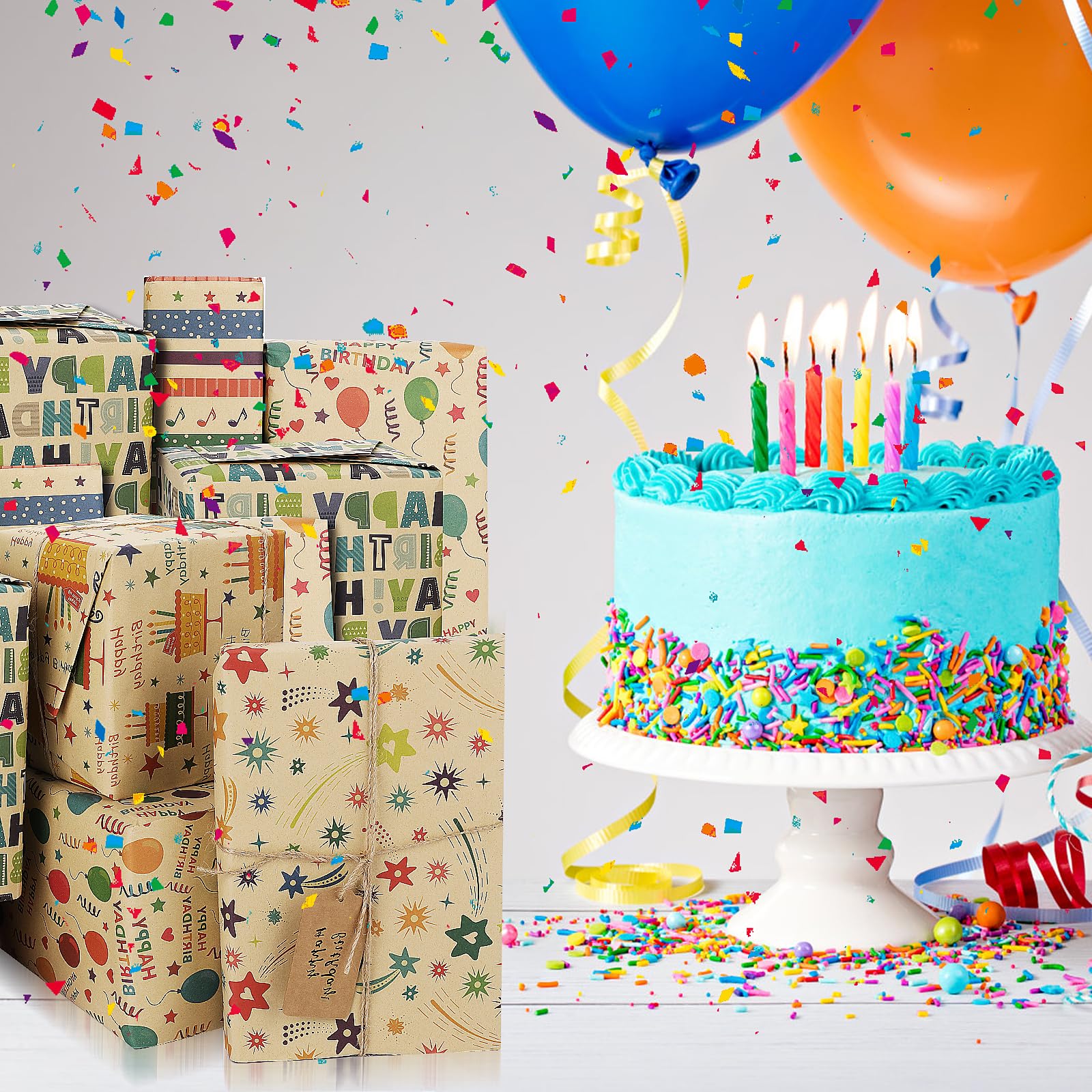 Prasacco Wrapping Paper Birthday Wrapping Paper Sheets-Recyclable Birthday Gift Wrap Set with Tag String-Eco Gift Wrapping Paper