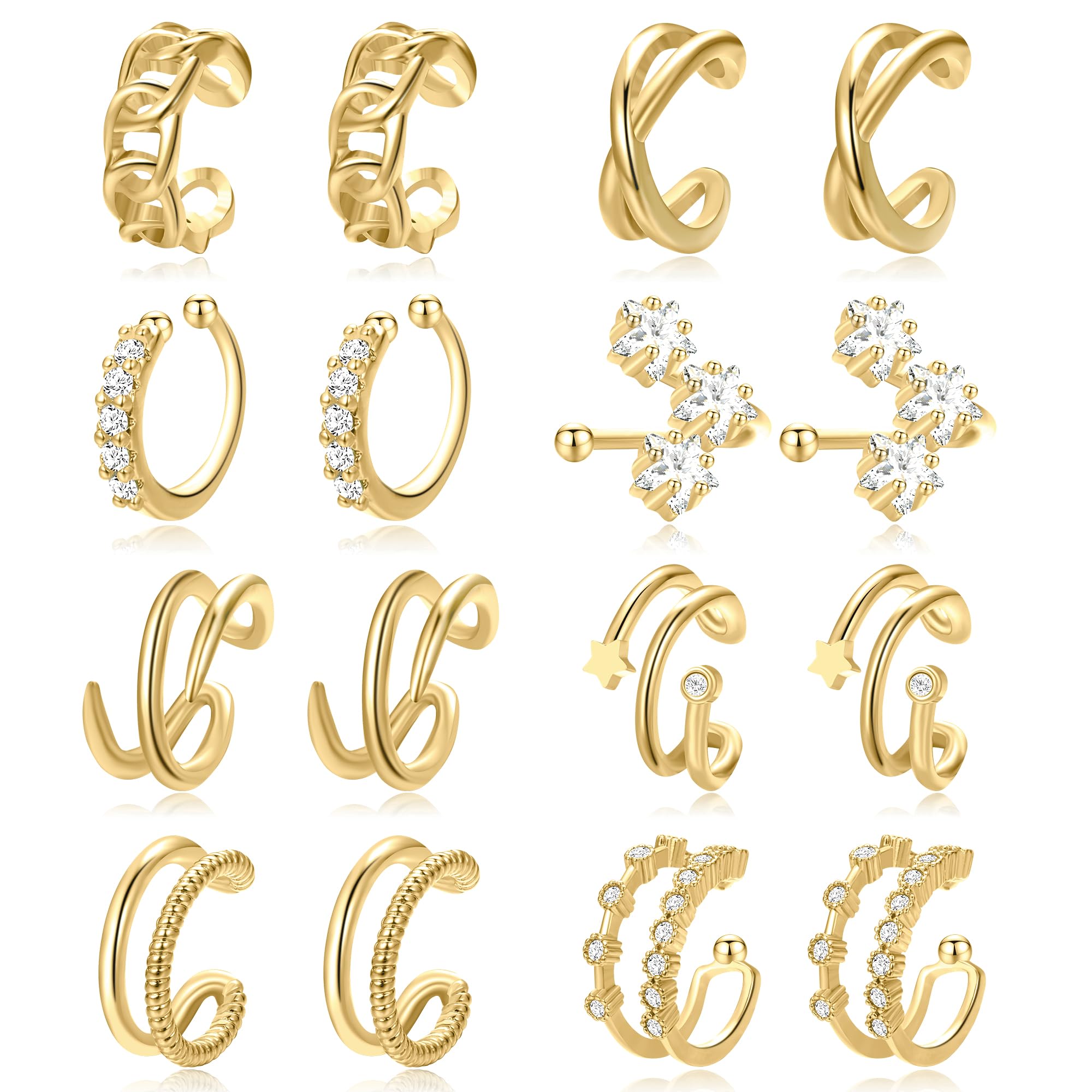 16 Pcs Clip on Earrings for Women Non Piercing, Ear Cuffs Adjustable Fake Clip On Earrings Set for Gift