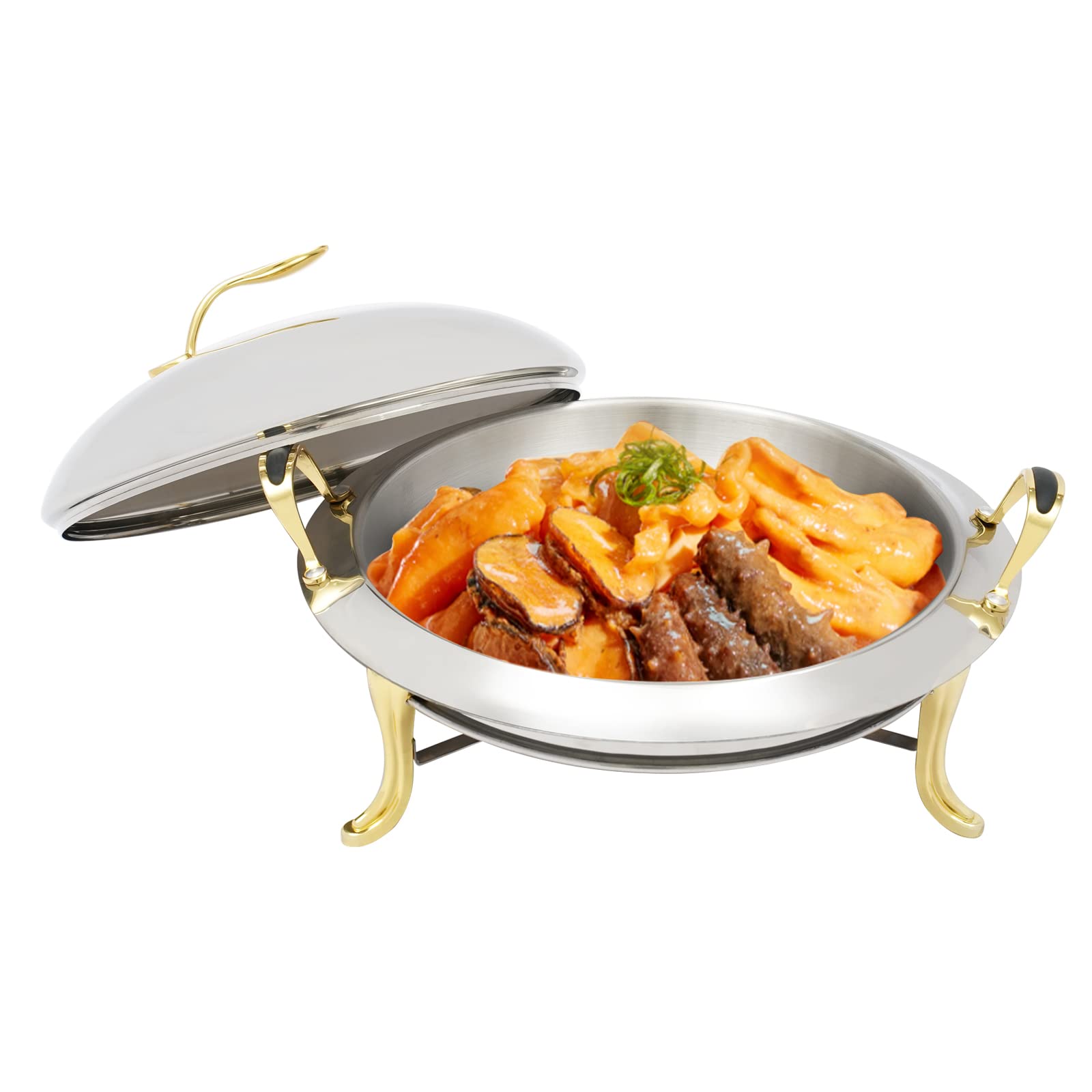 Gagalayong Stainless Steel Chafing Dish, Luxury gold-plated Round Food Warming Tray Non-stick Coating with Food & Water Pan, Lid, Frame, Fuel Holder for Parties, Dinners and Catering