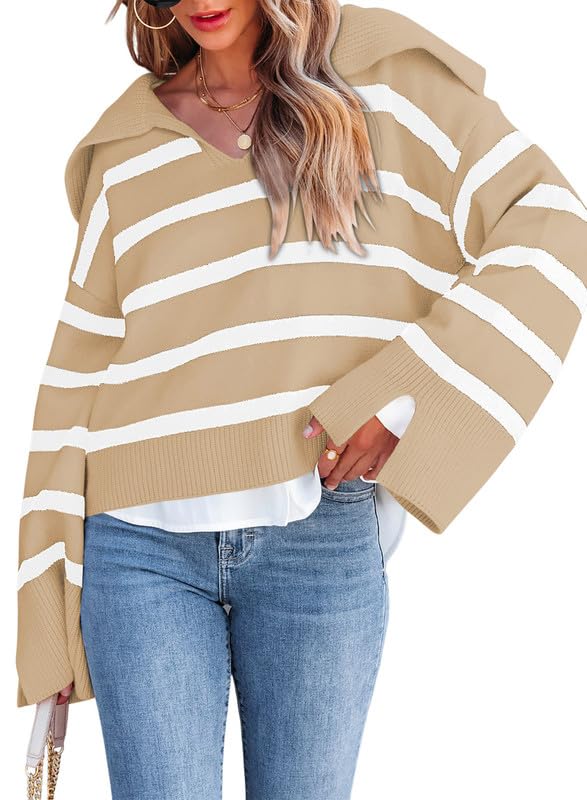 SHEWIN Fall Sweaters for Women Fashion V Neck Long Sleeve Winter Striped Sweater Casual Comfy Lapel Collar Knitted Tops Khaki X-Large