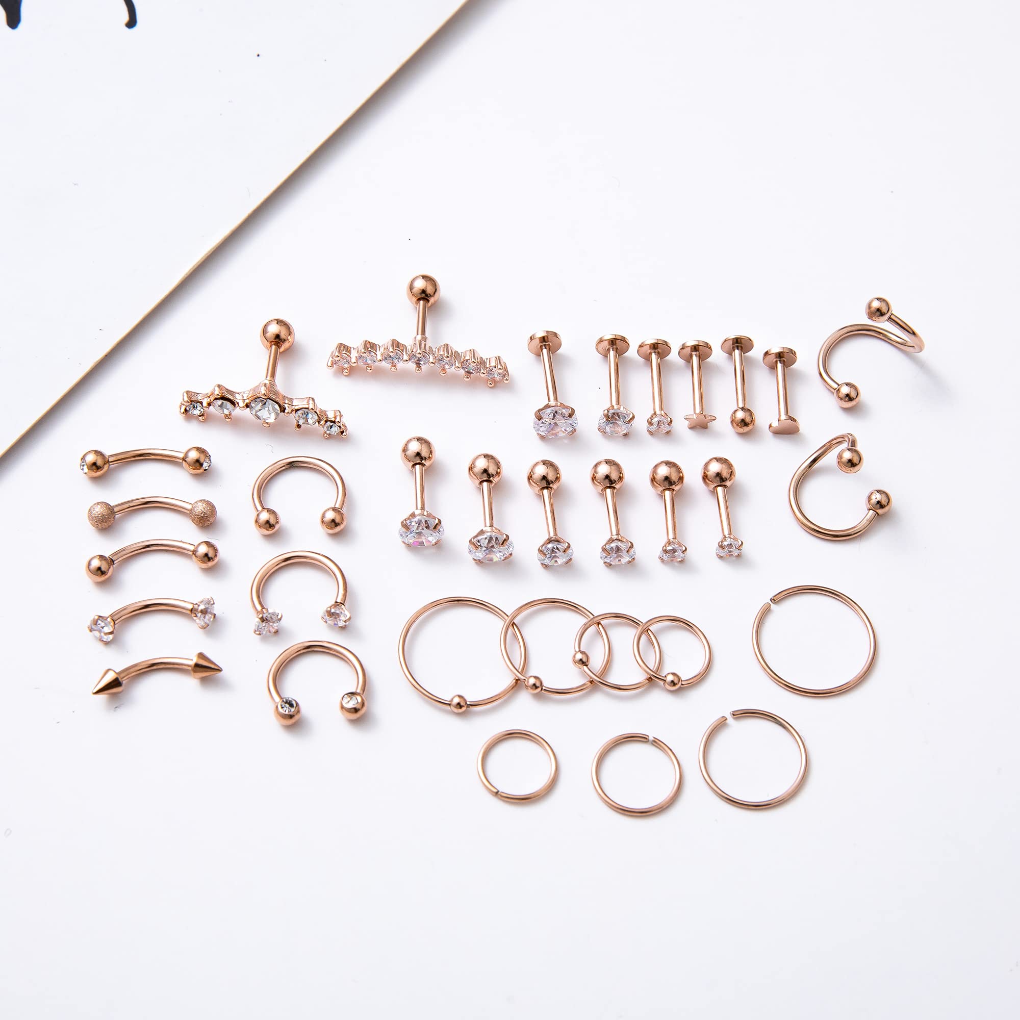 REVOLIA 32Pcs Stainless Steel Cartilage Stud Earrings for Women Conch Helix Tragus Daith Conch Hoop Earing Piercing Jewelry Set Rose-Gold