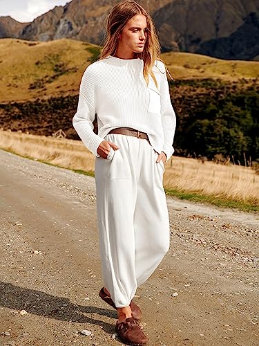 ANRABESS Women's Two Piece Outfits Long Sleeve Knit Top Fall Sweater Set Oversized Pants Tracksuit Lounge Sets White Medium