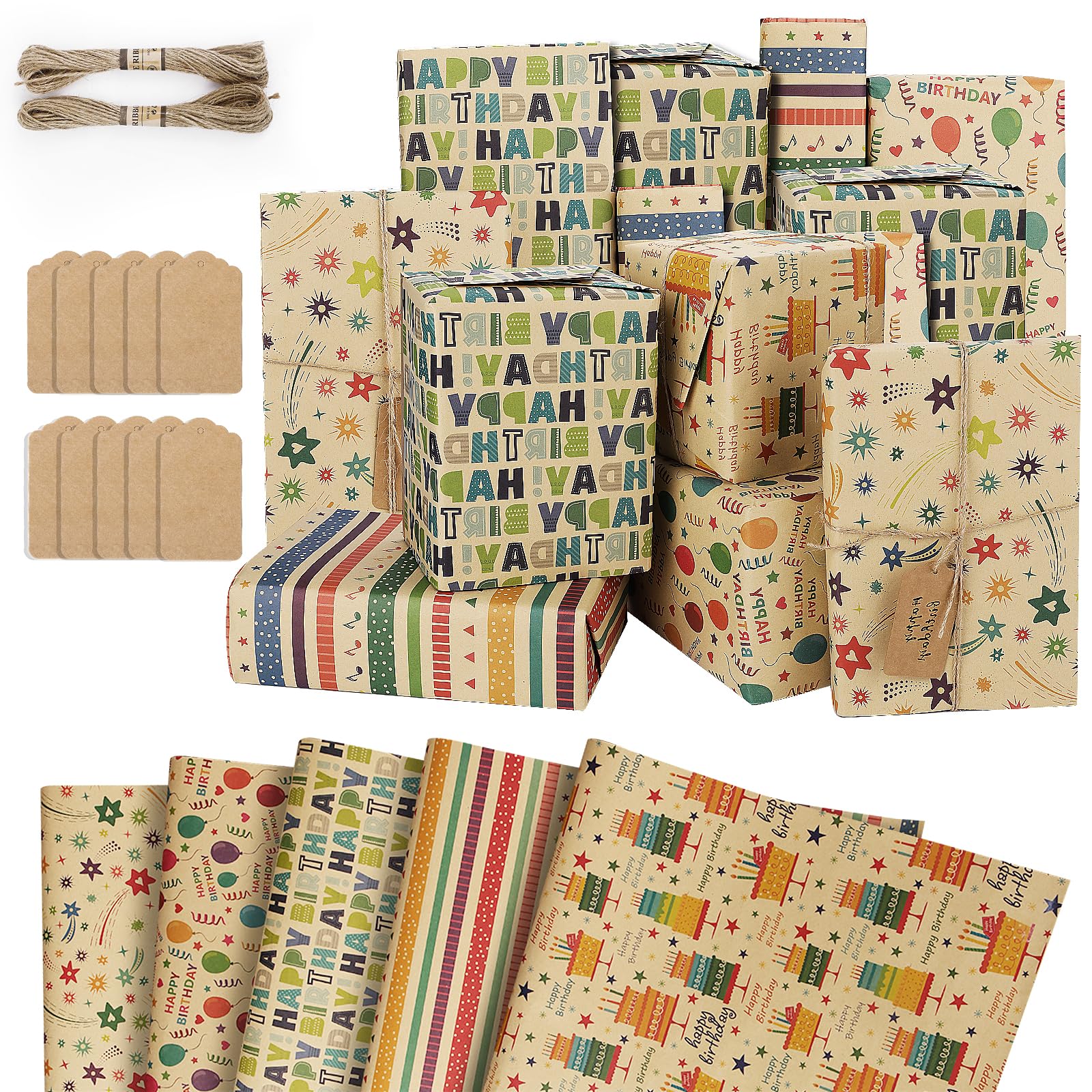 Prasacco Wrapping Paper Birthday Wrapping Paper Sheets-Recyclable Birthday Gift Wrap Set with Tag String-Eco Gift Wrapping Paper