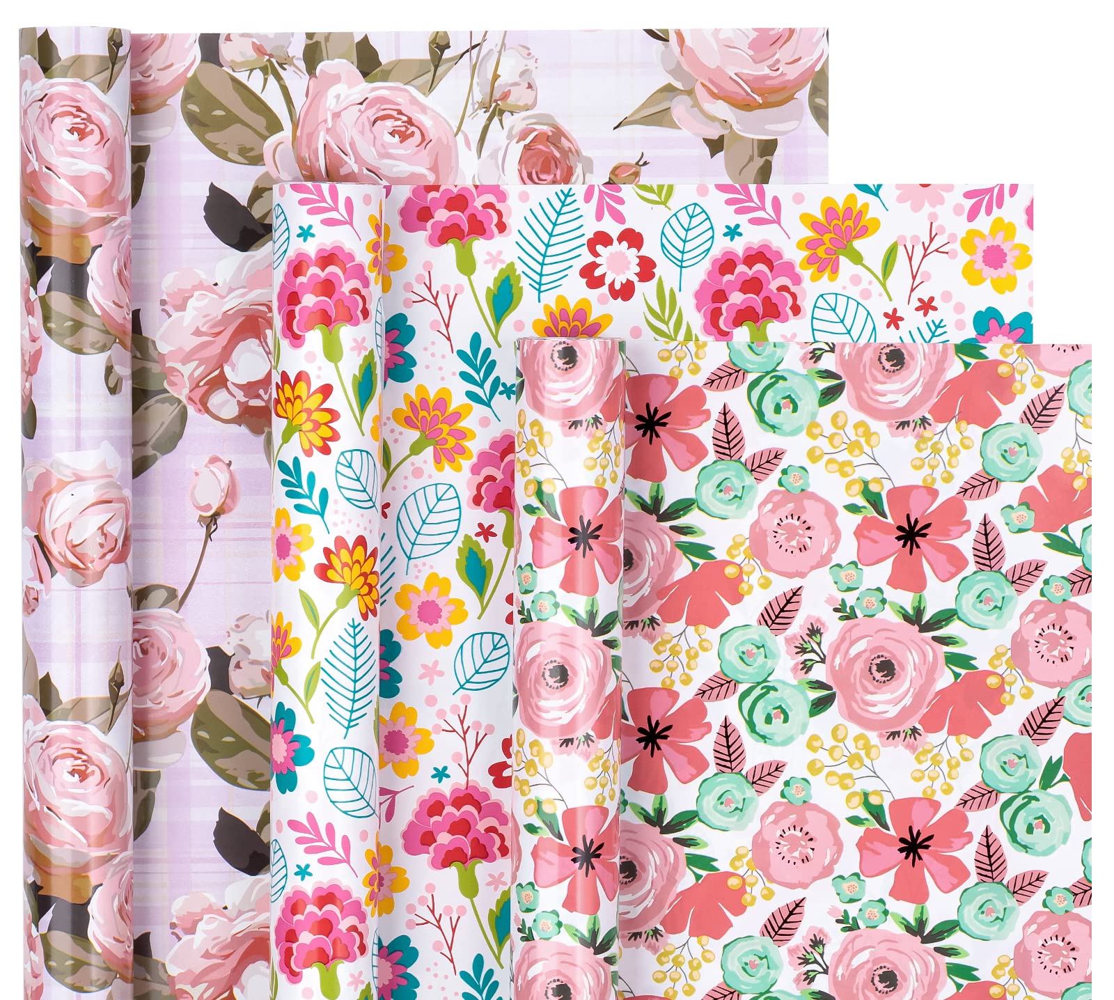 WRAPAHOLIC Wrapping Paper Roll - Mini Roll - 3 Rolls - 17 Inch X 120 Inch Per Roll - Elegant Floral for Wedding, Birthday, Holiday, Baby Shower