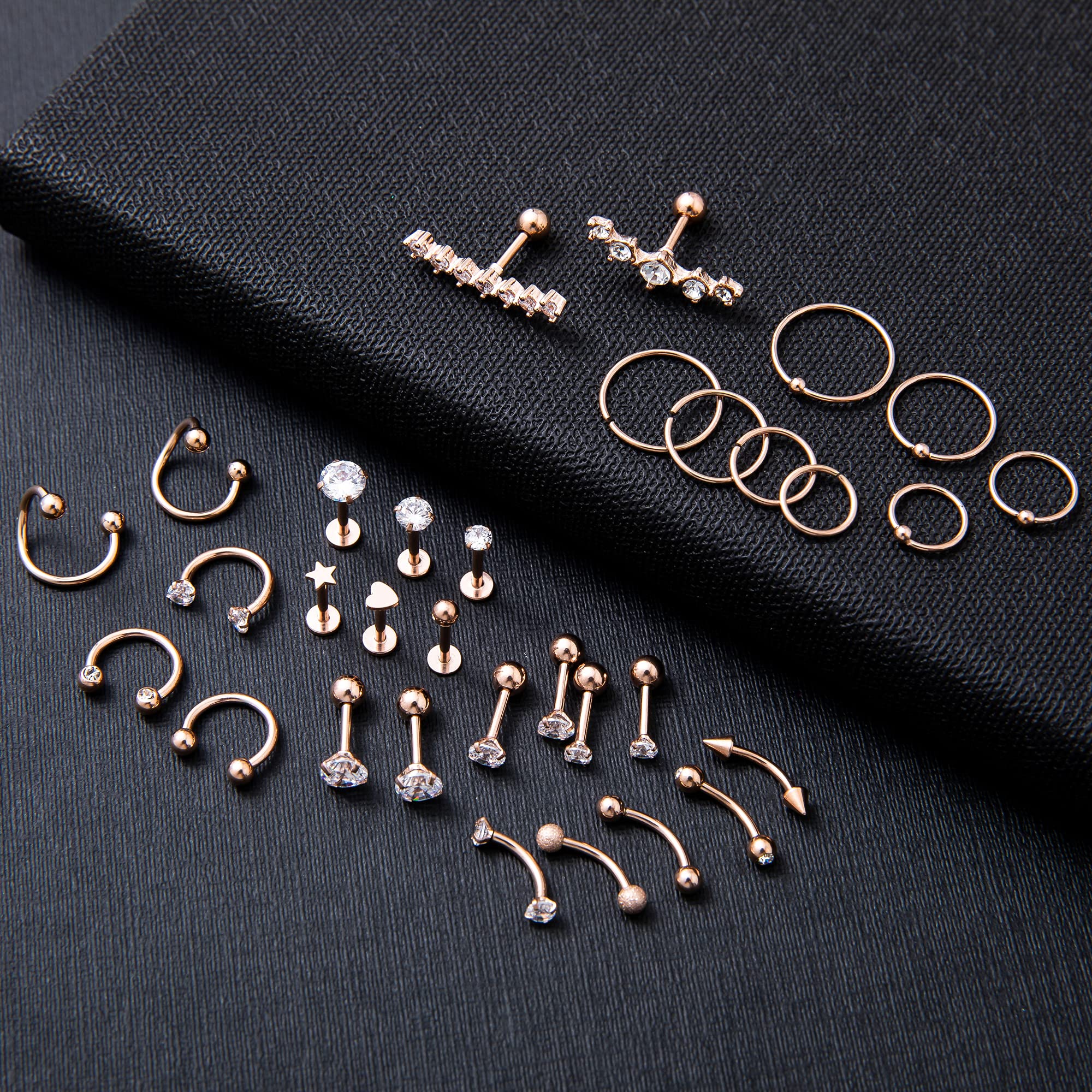 REVOLIA 32Pcs Stainless Steel Cartilage Stud Earrings for Women Conch Helix Tragus Daith Conch Hoop Earing Piercing Jewelry Set Rose-Gold