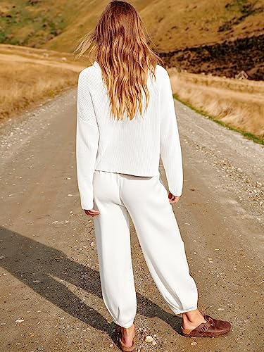 ANRABESS Women's Two Piece Outfits Long Sleeve Knit Top Fall Sweater Set Oversized Pants Tracksuit Lounge Sets White Medium