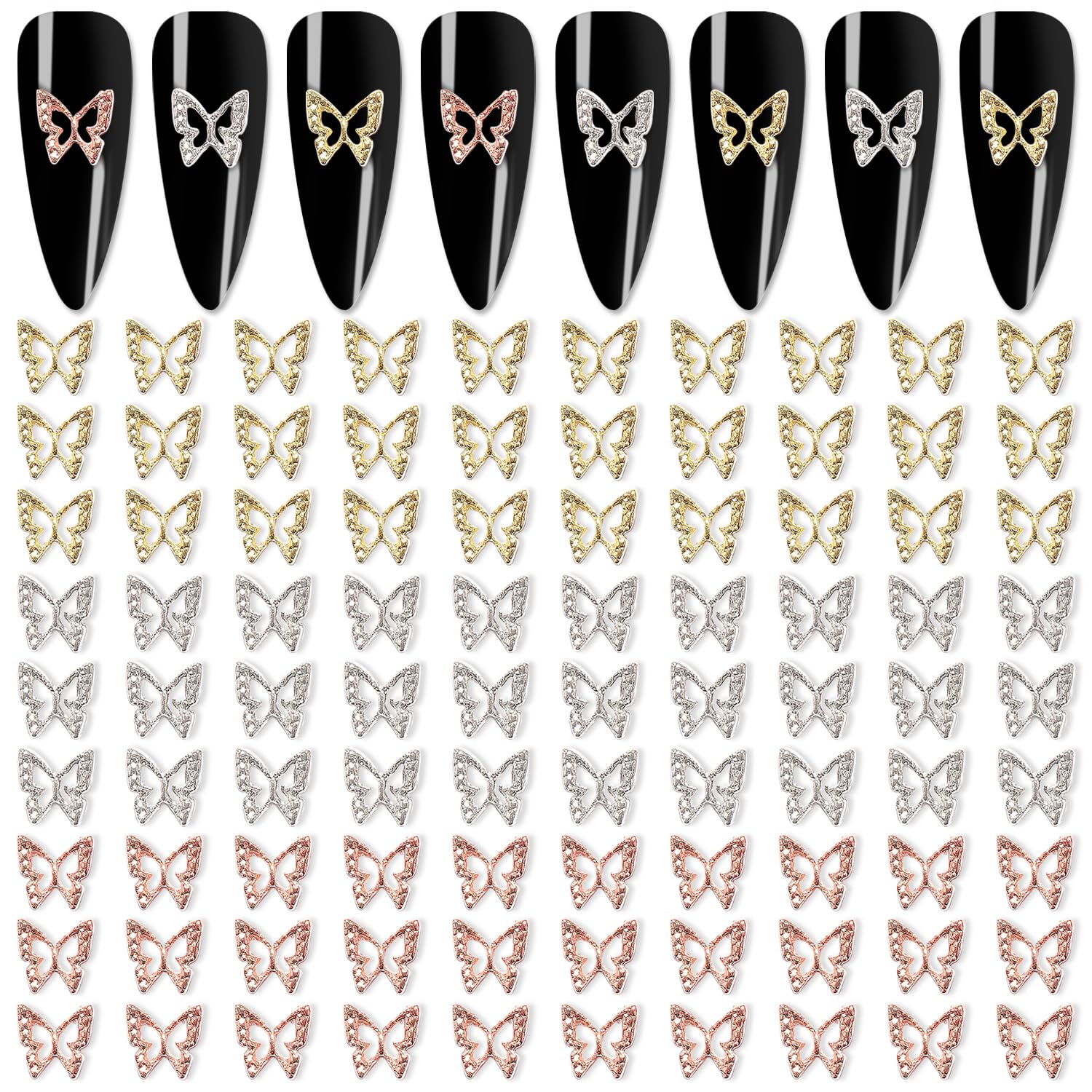 YECIRALA 90 Pieces 3D Butterfly Nail Charms for Nail Art 3D Butterfly for Nails Gold Silver Rose Gold Butterfly Charms for Acrylic Nails Craft Accessories for Women Girls Jewelrys Decorations