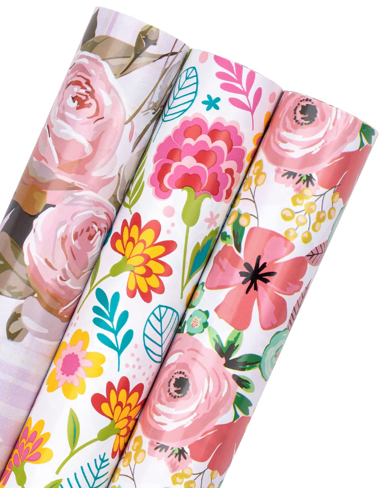 WRAPAHOLIC Wrapping Paper Roll - Mini Roll - 3 Rolls - 17 Inch X 120 Inch Per Roll - Elegant Floral for Wedding, Birthday, Holiday, Baby Shower