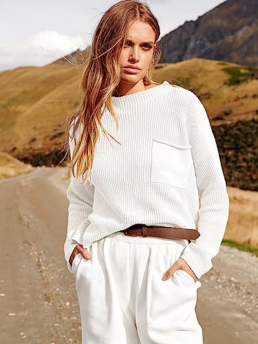 ANRABESS Women's Two Piece Outfits Long Sleeve Knit Top Fall Sweater Set Oversized Pants Tracksuit Lounge Sets White Medium