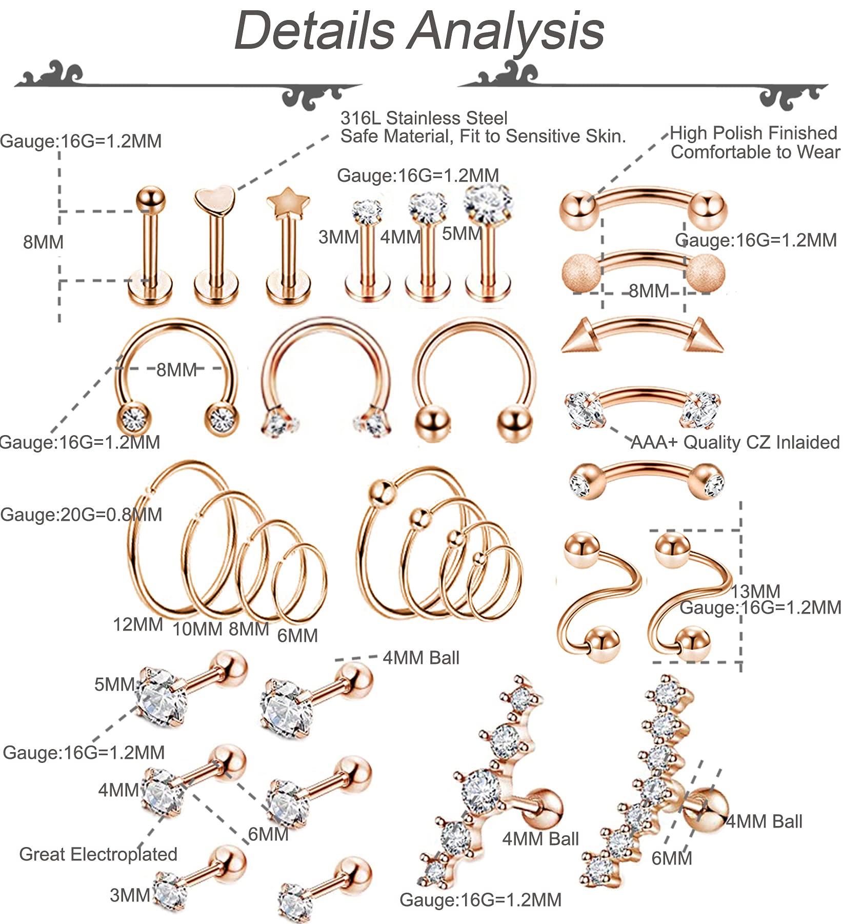 REVOLIA 32Pcs Stainless Steel Cartilage Stud Earrings for Women Conch Helix Tragus Daith Conch Hoop Earing Piercing Jewelry Set Rose-Gold