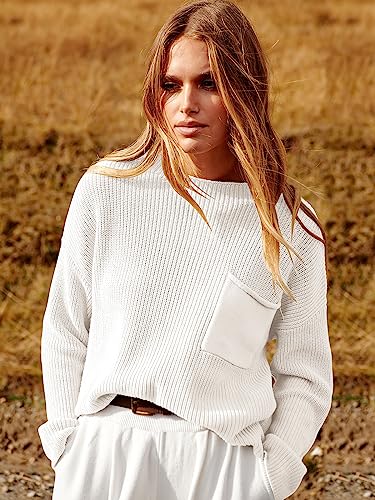 ANRABESS Women's Two Piece Outfits Long Sleeve Knit Top Fall Sweater Set Oversized Pants Tracksuit Lounge Sets White Medium