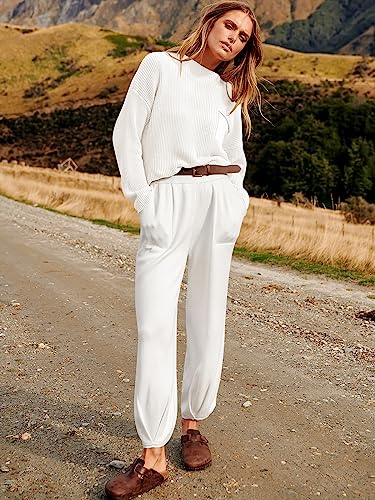 ANRABESS Women's Two Piece Outfits Long Sleeve Knit Top Fall Sweater Set Oversized Pants Tracksuit Lounge Sets White Medium