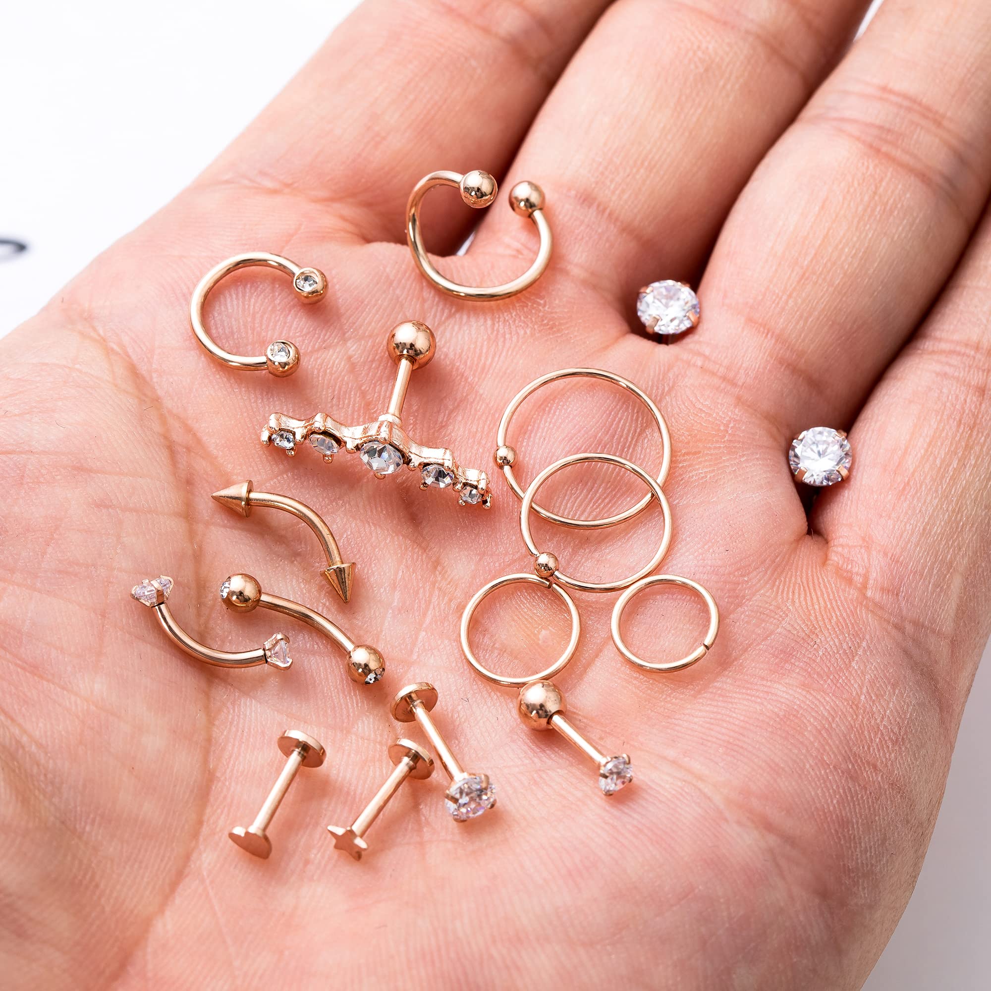 REVOLIA 32Pcs Stainless Steel Cartilage Stud Earrings for Women Conch Helix Tragus Daith Conch Hoop Earing Piercing Jewelry Set Rose-Gold