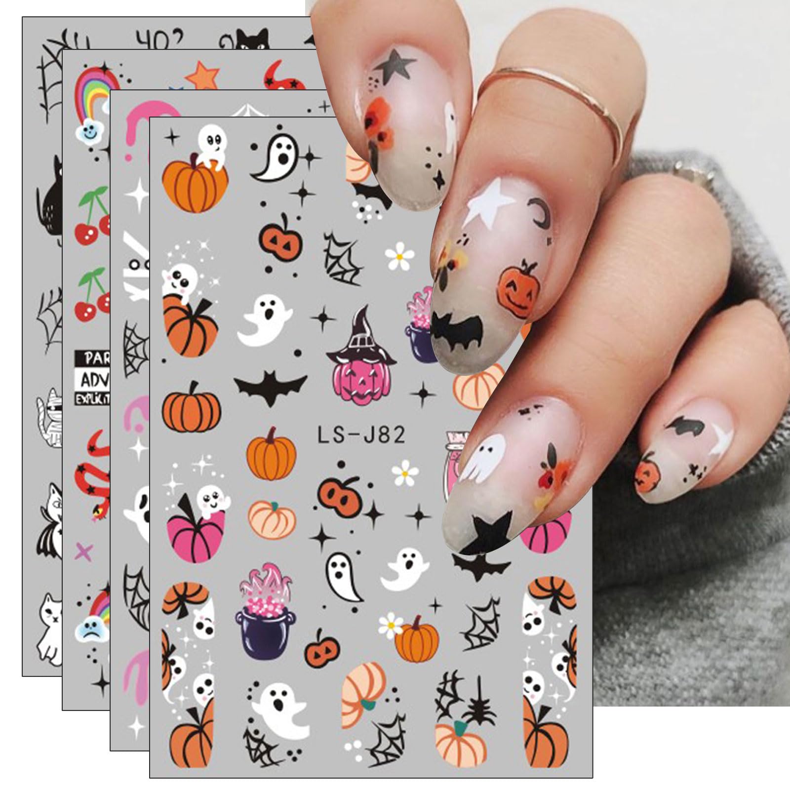 JMEOWIO 9 Sheets Halloween Nail Art Stickers Decals Self-Adhesive Pegatinas Uñas Pink Skull Ghost Witchy Spider Web Bat Pumpkin Horror Spook Nail Supplies Nail Art Design Decoration Accessories