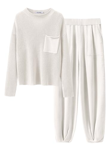 ANRABESS Women's Two Piece Outfits Long Sleeve Knit Top Fall Sweater Set Oversized Pants Tracksuit Lounge Sets White Medium