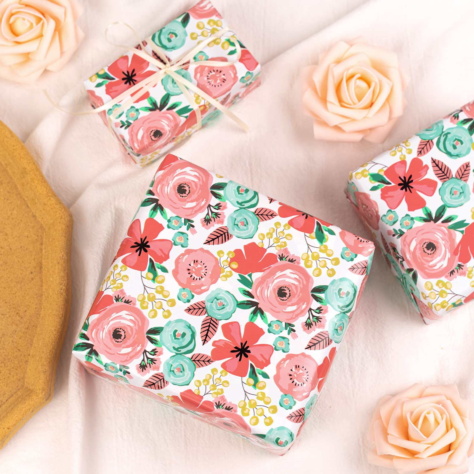 WRAPAHOLIC Wrapping Paper Roll - Mini Roll - 3 Rolls - 17 Inch X 120 Inch Per Roll - Elegant Floral for Wedding, Birthday, Holiday, Baby Shower