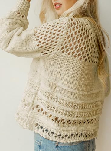 Dokotoo Women's Balloon Long Sleeve Sweater Tops Round Neck Crochet Hollow Out Knit Pullover Jumper Tops Sweaters for Women White Small