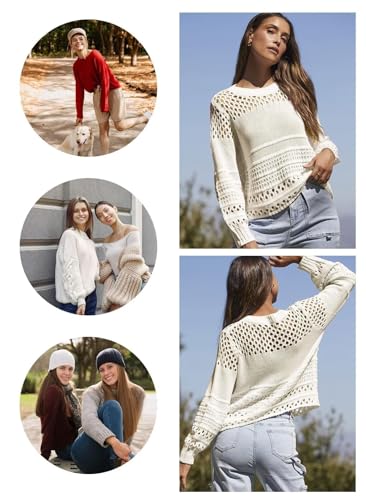 Dokotoo Women's Balloon Long Sleeve Sweater Tops Round Neck Crochet Hollow Out Knit Pullover Jumper Tops Sweaters for Women White Small