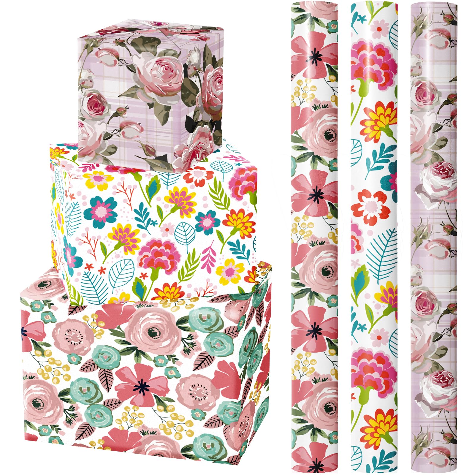 WRAPAHOLIC Wrapping Paper Roll - Mini Roll - 3 Rolls - 17 Inch X 120 Inch Per Roll - Elegant Floral for Wedding, Birthday, Holiday, Baby Shower