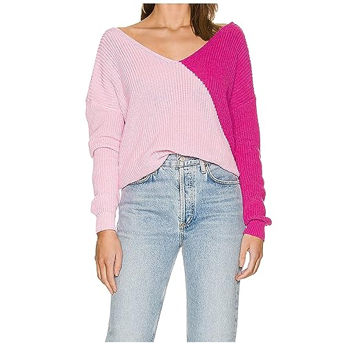 2023 Fall V Neck Knit Sweaters for Women Casual Comfy Color Block Long Sleeve Sweatshirts Workout Plus Size Fashion Pullovers