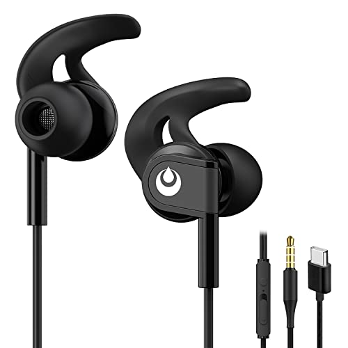 Fixscad M361 Sports Earbuds Wired, in Ear Running Headphone with Microphone, Anti-Slip Shark Ear Hook Earphones for Workout Exercise Gym, Compatible with iPhone Android Phones PC, with Type-C Adapter