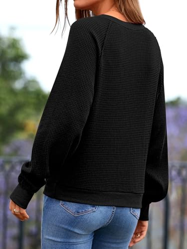 PRETTYGARDEN Fall Casual Sweatshirt for Women v Neck Long Sleeve Jumper Loose Knit Henley Top Button Slouchy Pullover Oversized Crop Sweater (Black, X-Large)