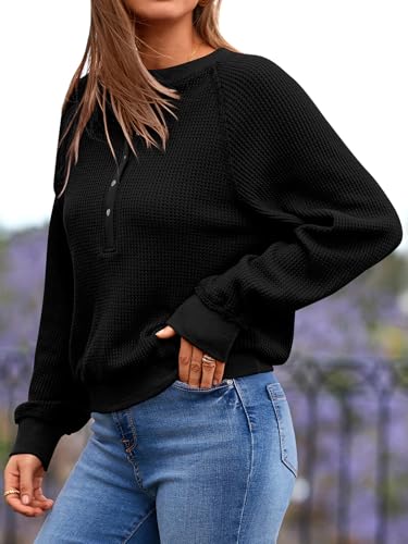 PRETTYGARDEN Fall Casual Sweatshirt for Women v Neck Long Sleeve Jumper Loose Knit Henley Top Button Slouchy Pullover Oversized Crop Sweater (Black, X-Large)