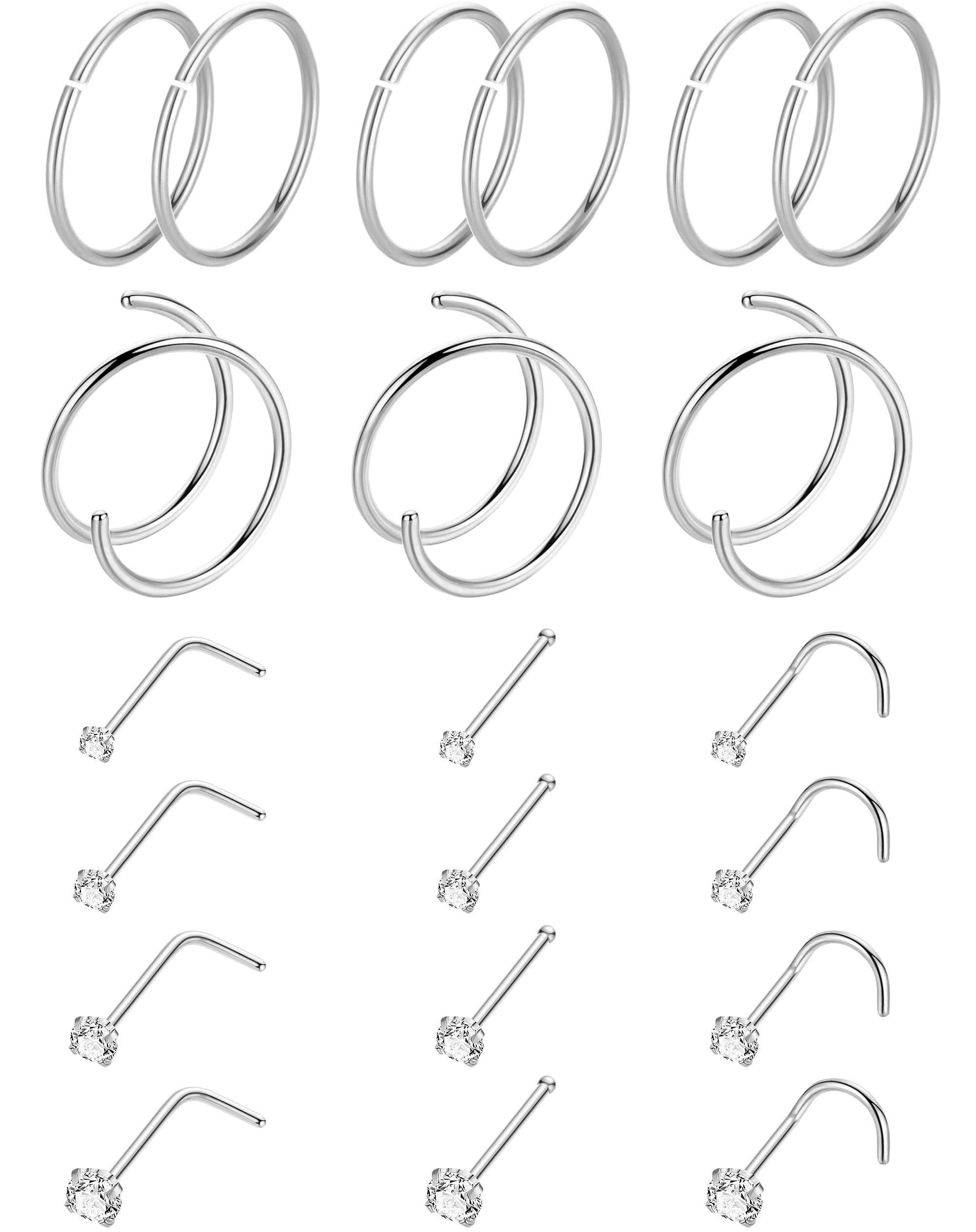 Vegolita 21PCS 20G 316L Stainless Steel Nose Rings Hoop for Women Men Double Nose Ring CZ Nose Stud Piercing Jewelry S