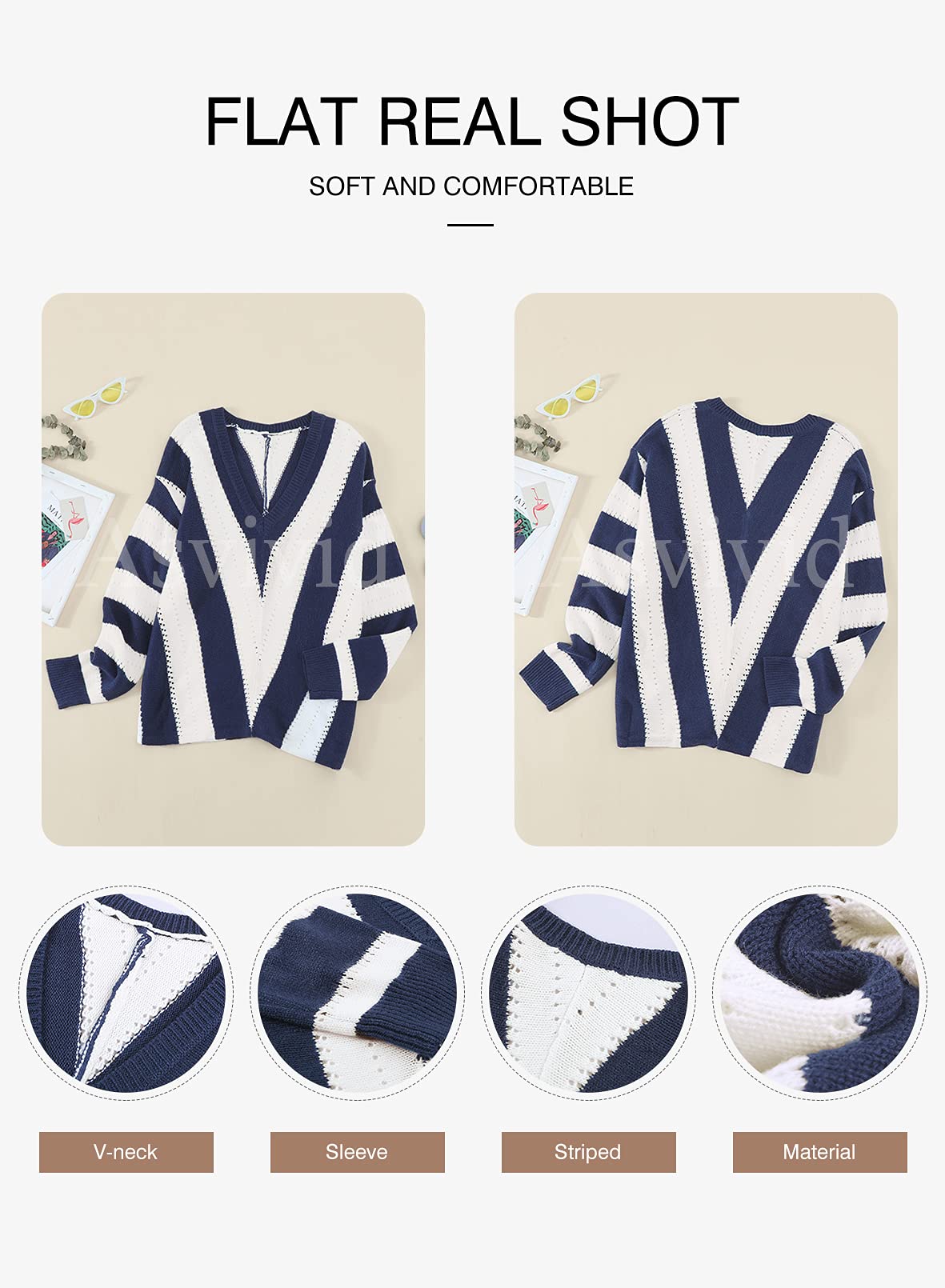Asvivid Womens Spring Fashion 2023 Long Sleeve V Neck Striped Color Block Sweaters for Women Knitted Pullover Tops Blue Ladies Sweaters M