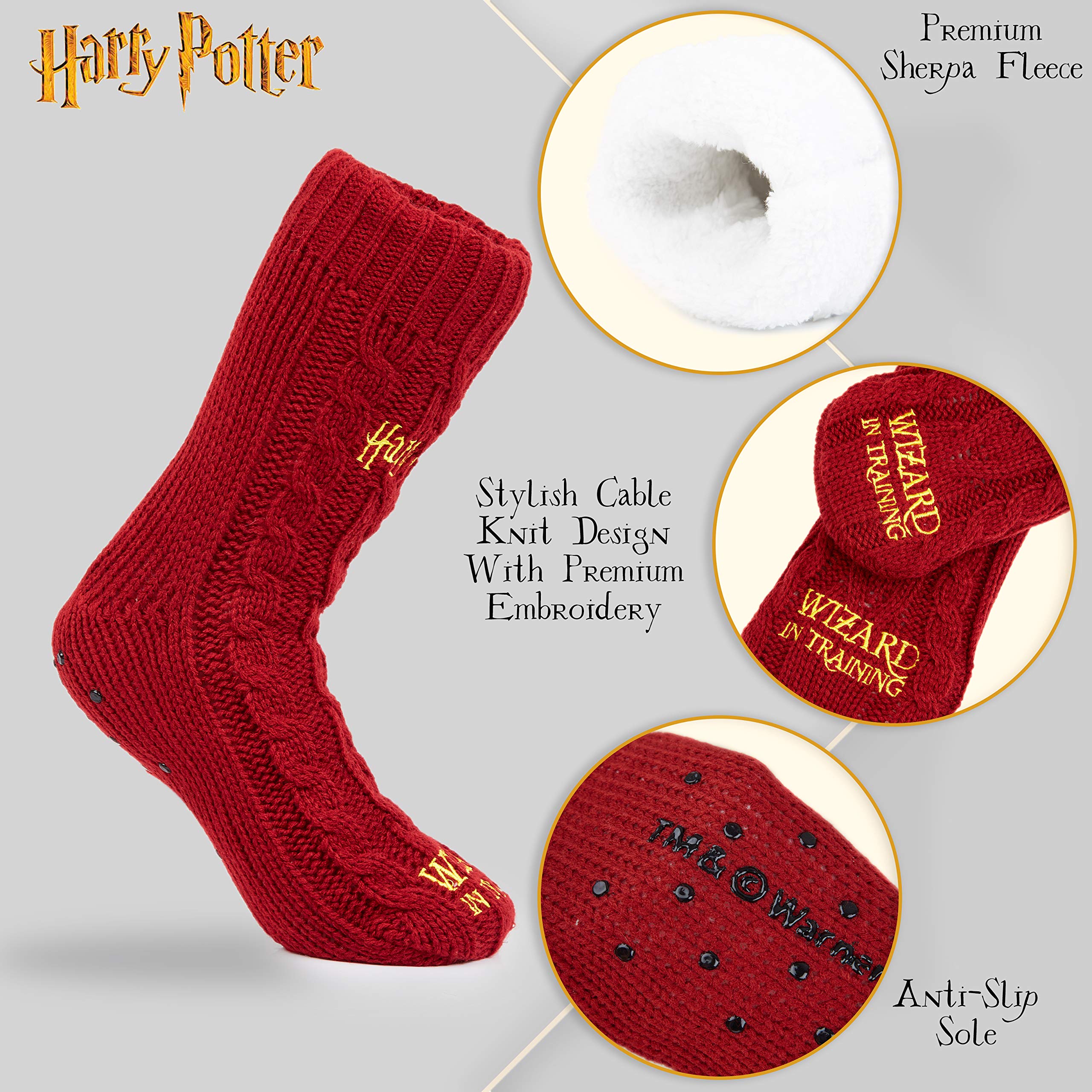 Harry Potter Womens Slipper Socks, Fleece Lined Non Slip Socks - Gifts for Her (Burgundy)
