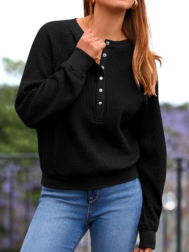 PRETTYGARDEN Fall Casual Sweatshirt for Women v Neck Long Sleeve Jumper Loose Knit Henley Top Button Slouchy Pullover Oversized Crop Sweater (Black, X-Large)