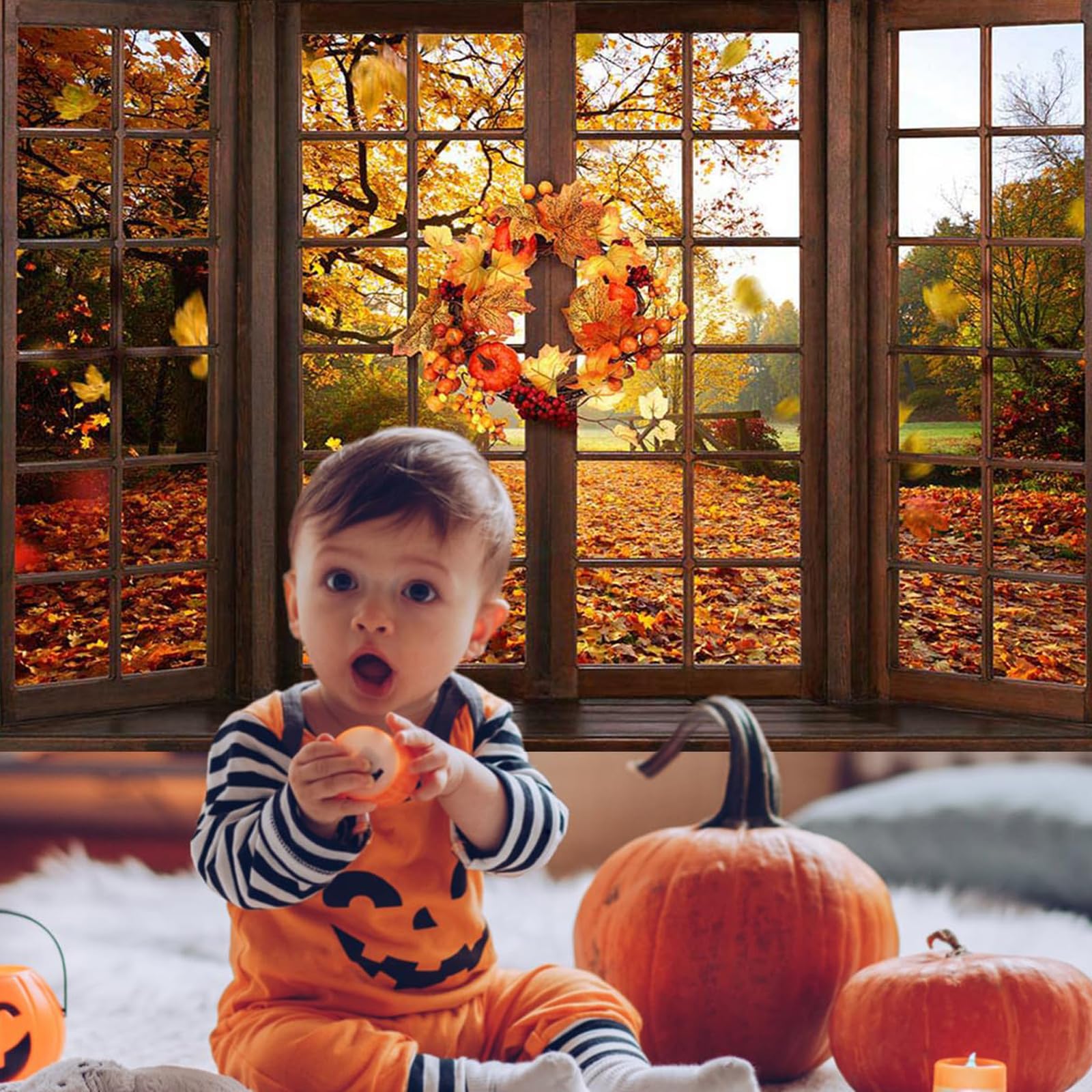 Mocsicka Fall Window Backdrop 7x5ft Autumn Maple Forest Fall Backdrops for Photography Fall Natural Scenery Background for Thanksgiving Day Party Decorations