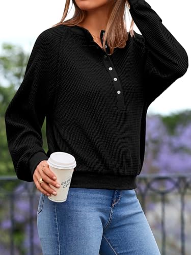 PRETTYGARDEN Fall Casual Sweatshirt for Women v Neck Long Sleeve Jumper Loose Knit Henley Top Button Slouchy Pullover Oversized Crop Sweater (Black, X-Large)