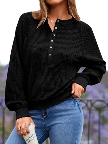 PRETTYGARDEN Fall Casual Sweatshirt for Women v Neck Long Sleeve Jumper Loose Knit Henley Top Button Slouchy Pullover Oversized Crop Sweater (Black, X-Large)