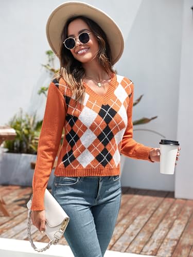 ZAFUL Women's Argyle Sweater V-Neck Cropped Sweater Long-Sleeve Plaid Sweater Pullover Jumper Knit Top (1-Orange,S)
