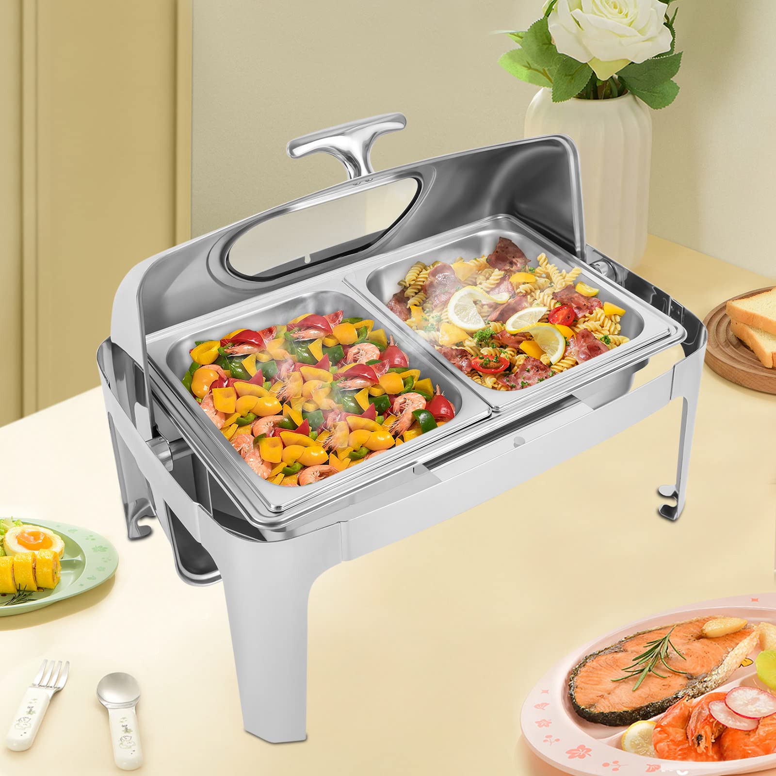 9.54QT Chafing Dish Buffet Set, Stainless Steel Buffet Servers and Warmers Set w/Water Pan, Food Pan, Fuel Holder and Lid, for Parties,Wedding/Brunch/Picnics/Banquet (with Visible Windows)
