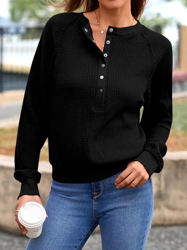 PRETTYGARDEN Fall Casual Sweatshirt for Women v Neck Long Sleeve Jumper Loose Knit Henley Top Button Slouchy Pullover Oversized Crop Sweater (Black, X-Large)