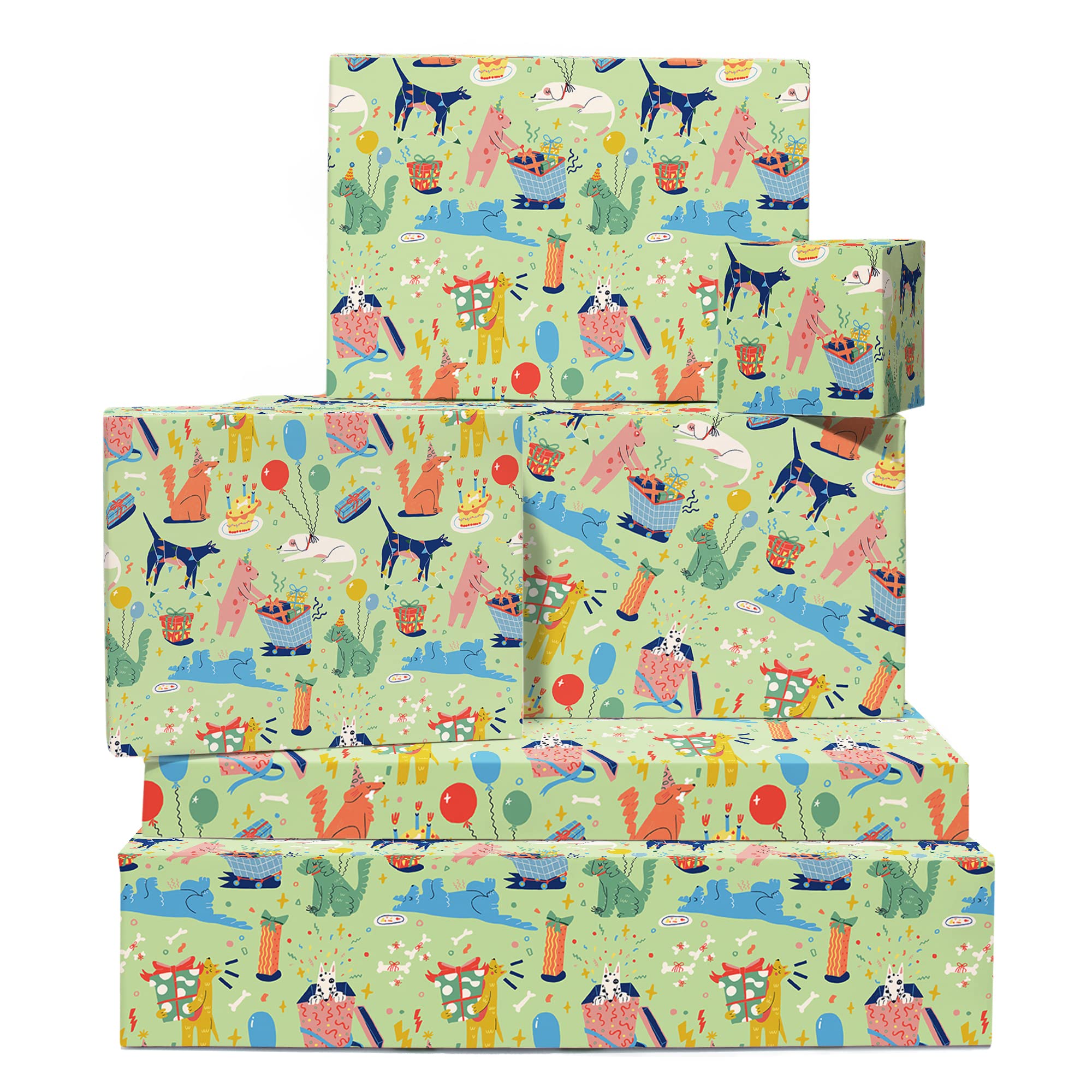 CENTRAL 23 Dog Wrapping Paper for Fur Mom & Dad - 6 Sheets of Birthday Gift Wrap with Tags - Green Wrapping Paper for Men & Women - Recyclable Wrapping Paper for Kids Boys Girls - with Stickers