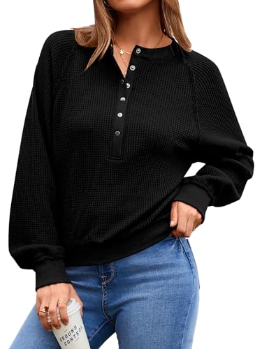 PRETTYGARDEN Fall Casual Sweatshirt for Women v Neck Long Sleeve Jumper Loose Knit Henley Top Button Slouchy Pullover Oversized Crop Sweater (Black, X-Large)