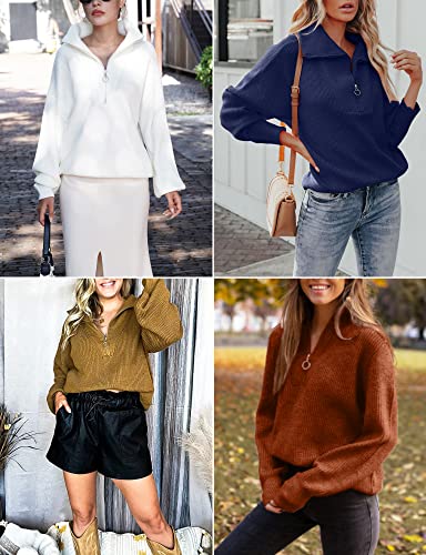 NATACATA Women's Half Zip Pullover Sweater Balloon Long Sleeve V Neck Collar Oversized Knit Fall Winter Tops Navy S