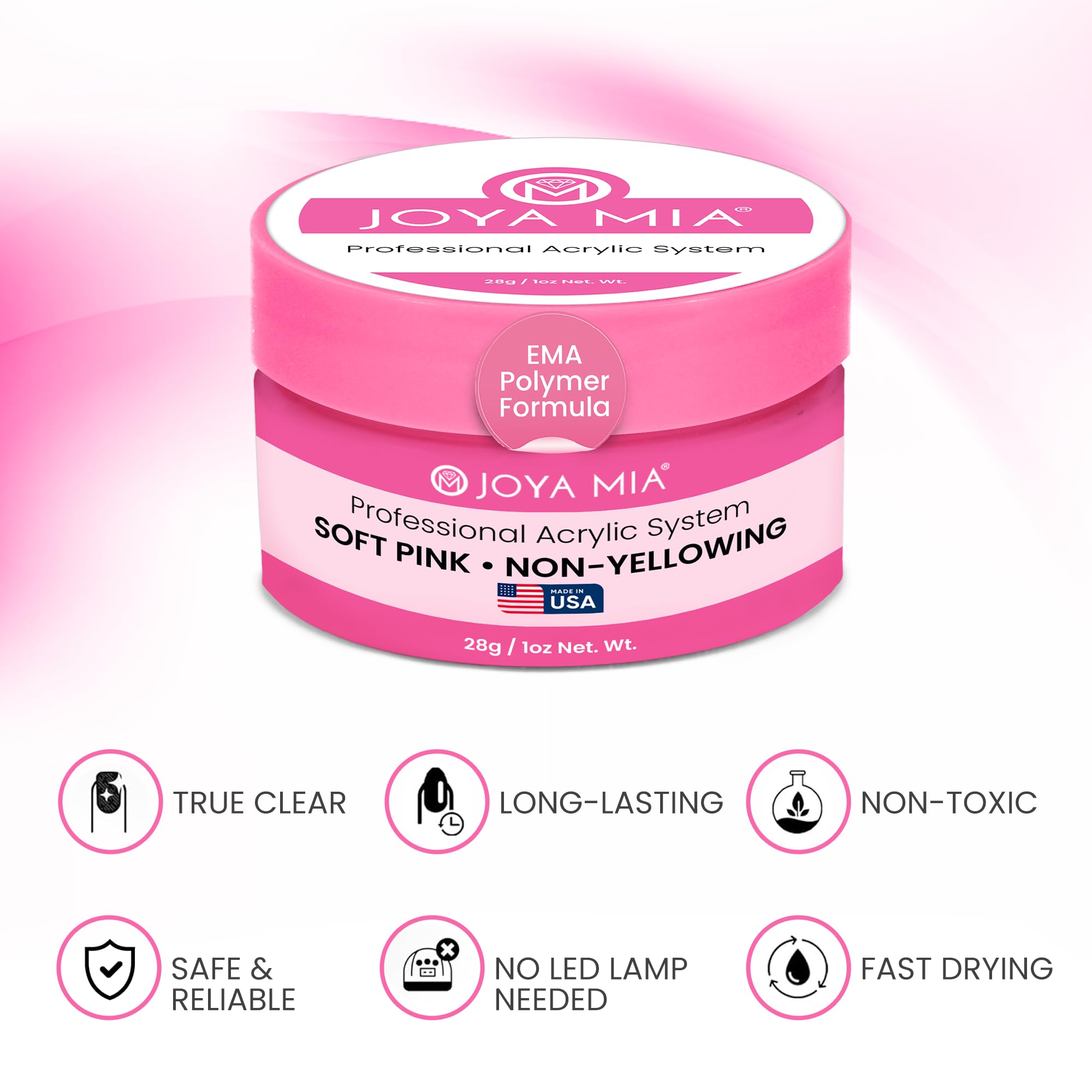 Joya Mia Acrylic Powder for Nails, MMA-Free, Super Adhesion Professional Powder for Flawless & Long-Lasting Nail Enhancements, Easy Application, Vibrant & Stunning Colors - Soft Pink, 1 oz
